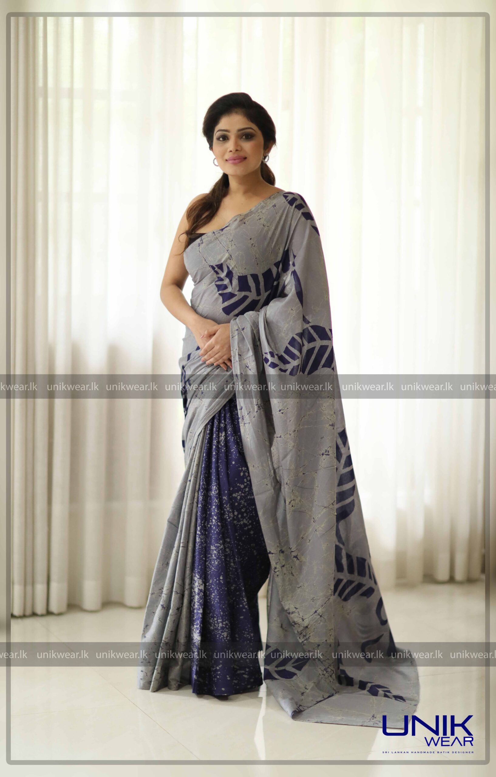 ASH & BLUE SRI LANKAN HANDMADE COTTON BATIK SAREE 2103 - UnikWear.lk