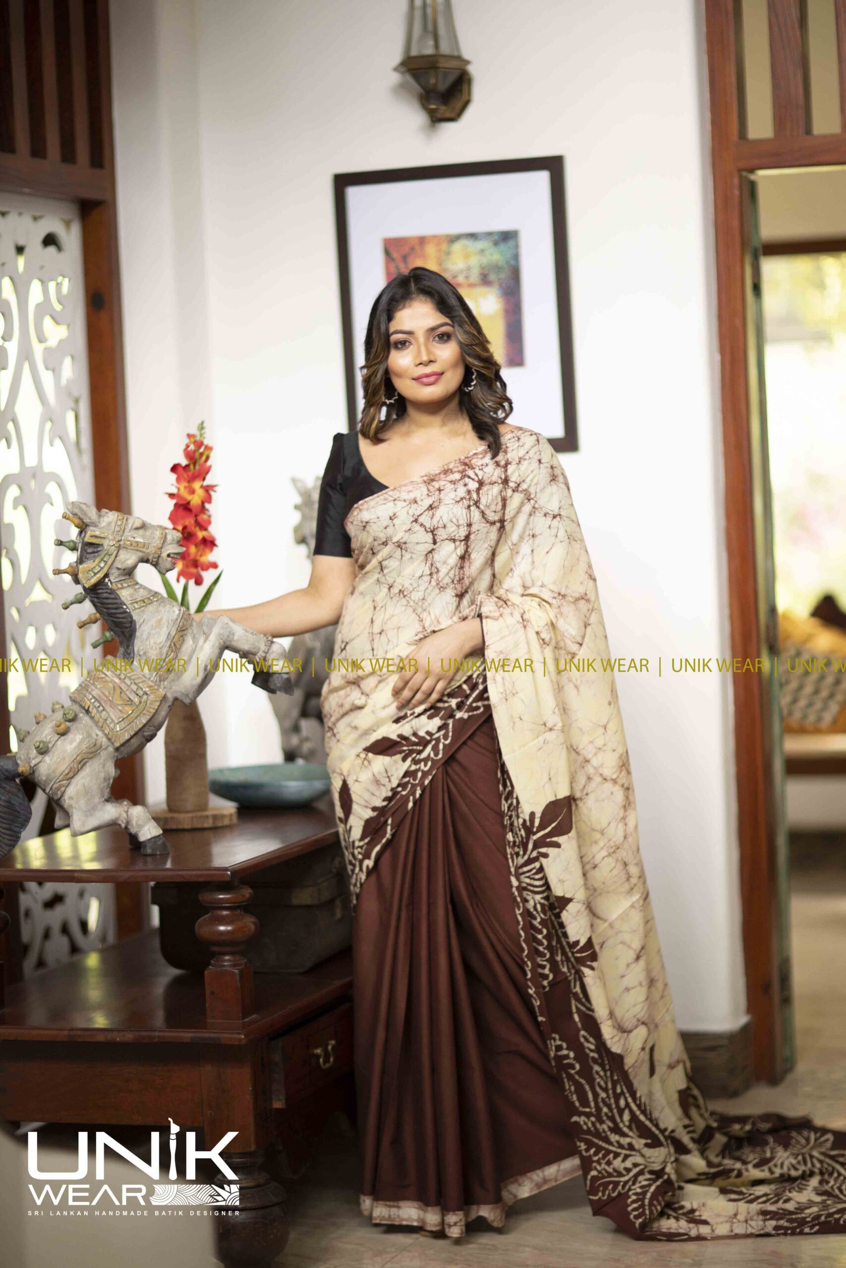 BEIGE & BROWN SRI LANKAN HANDMADE COTTON BATIK SAREE 2180 - UnikWear.lk
