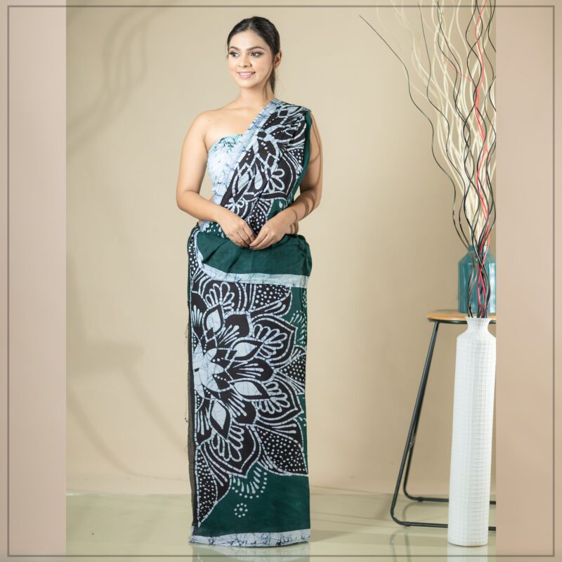 GREEN COLOR SRI LANKAN HANDMADE MODERN COTTON BATIK SAREE/KANDYAN E015 ...